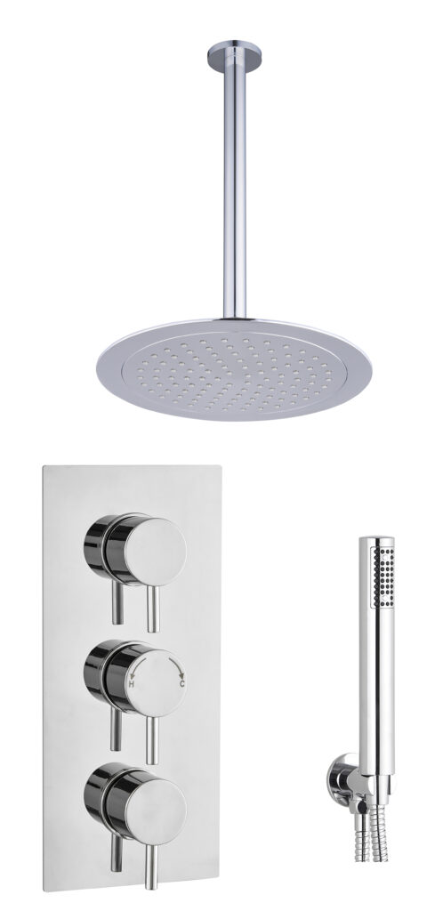 Chrome Round Concealed 3 Handle 2 Outlet Shower With Ceiling Arm Head ...